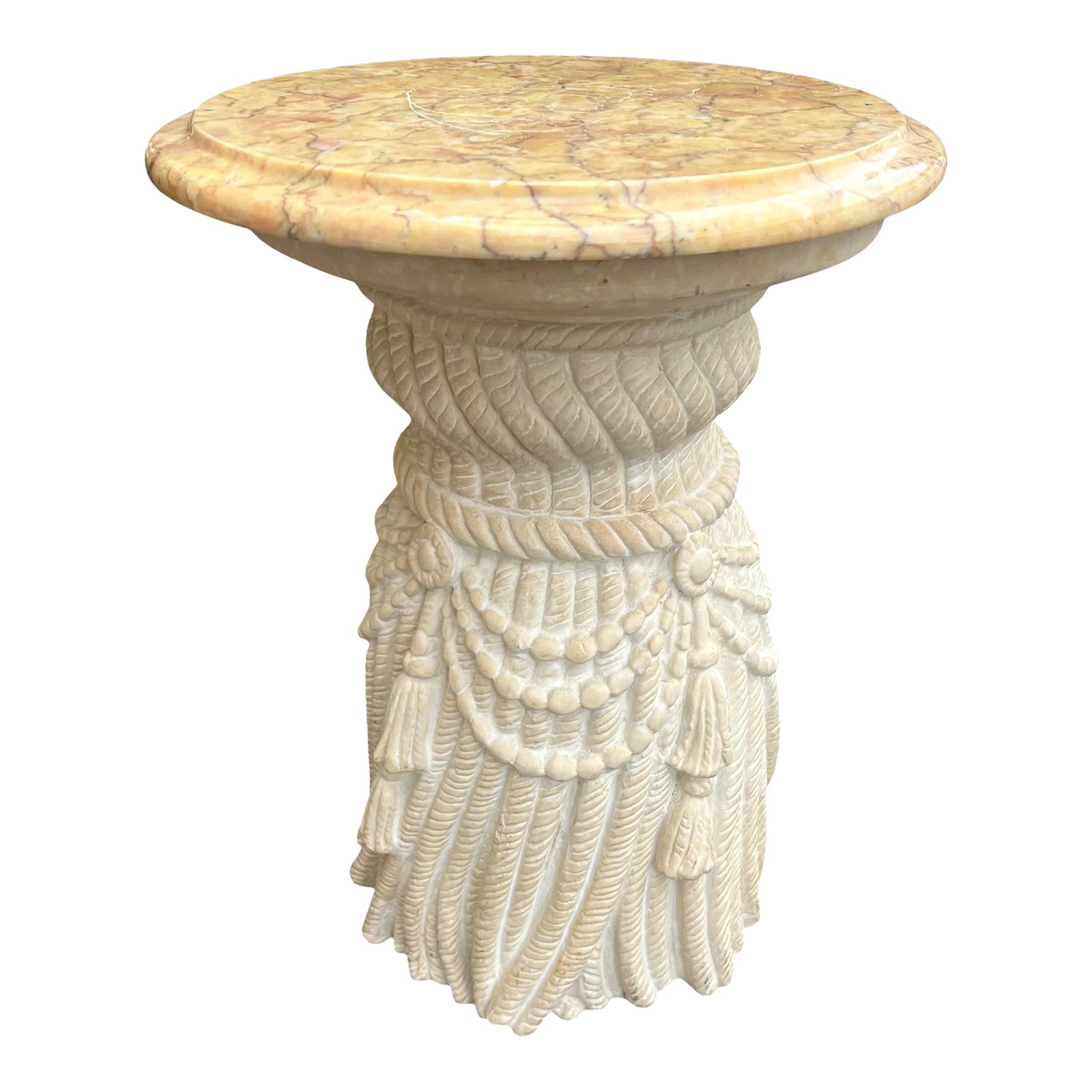 Mid Century Marble Top Cerused Cast Plaster Tassell End Table | Chairish