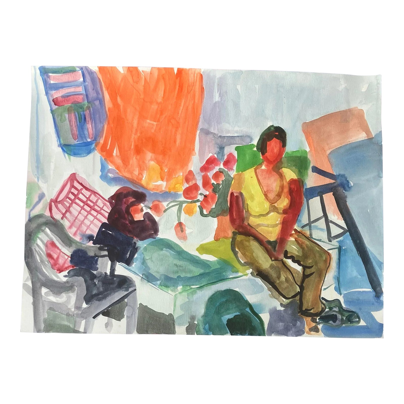 1980’s Original Abstract Expressionist Watercolor Painting 2 Figures in ...