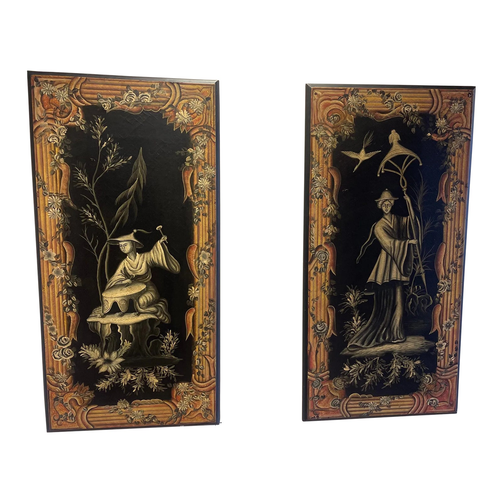 1980s Pair of Painted Wooden Panels in the Asian Style | Chairish