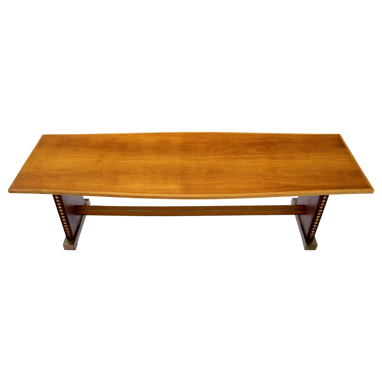 Narrow Long Boat Shape Walnut Dining Harvest Table Studs Leather Brass ...