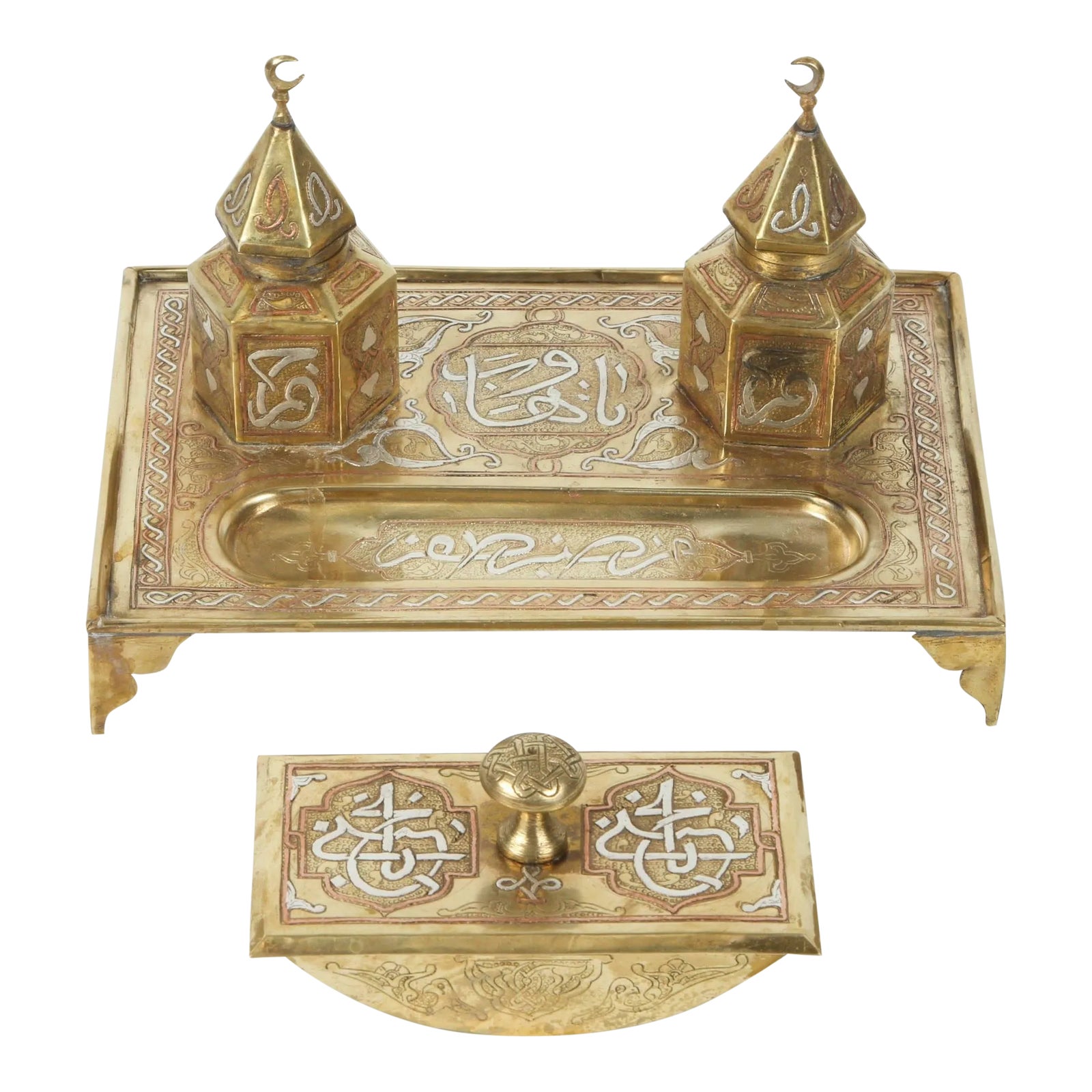Moorish Style Polished Brass Islamic Desk Inkwells Set | Chairish