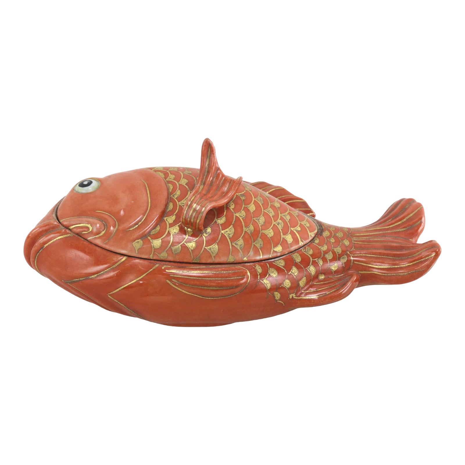 Vintage Chinese Red & Gold Fish-Form Lidded Bowl | Chairish