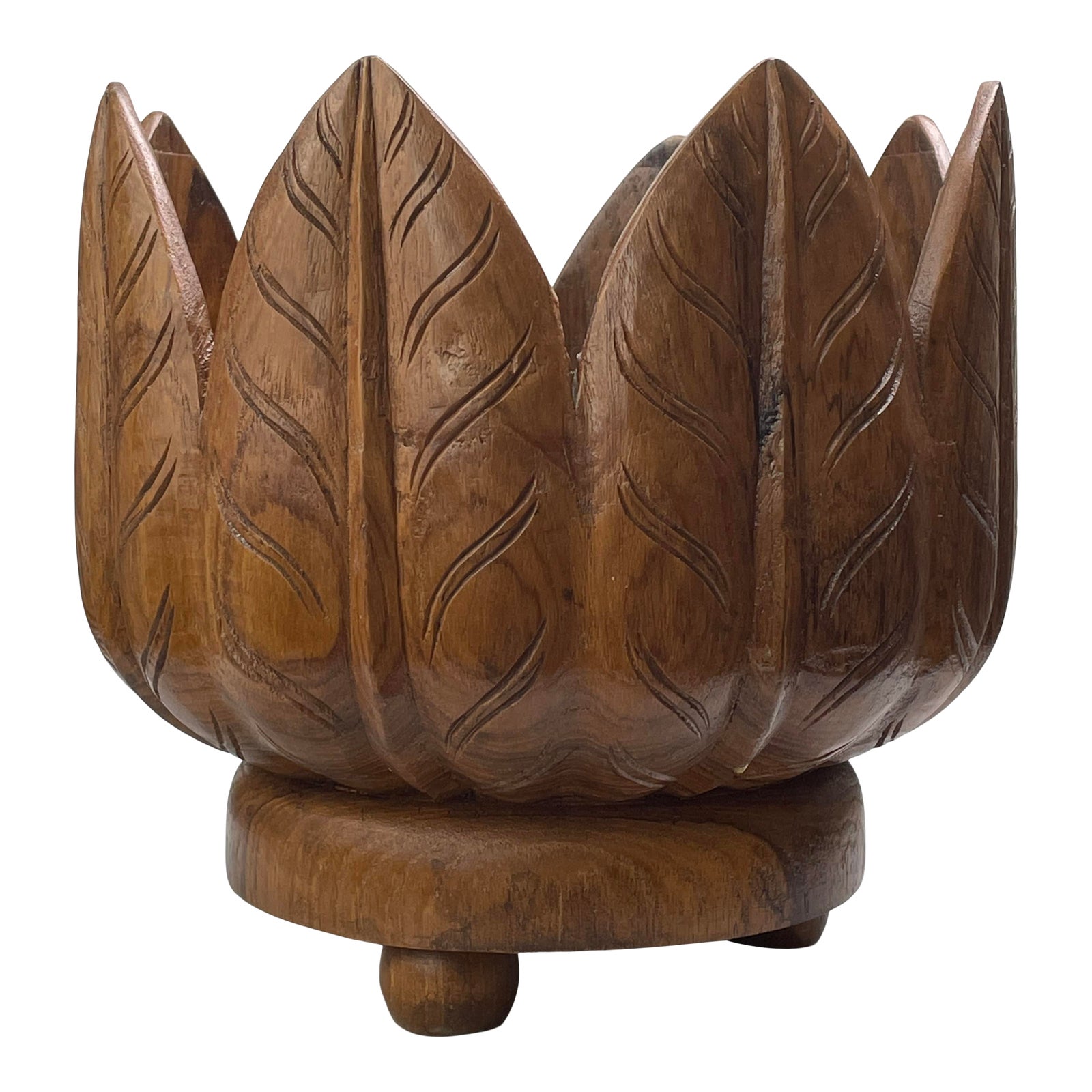 Vintage Hand Carved Leaf Motif Indian Planter | Chairish