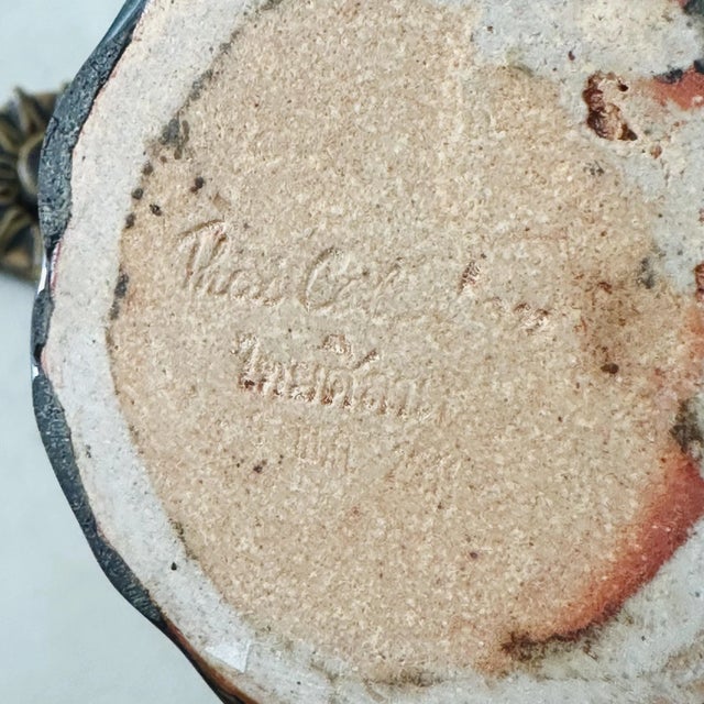 Mid-Century Pottery Lidded Crown Jar in Green Ochre Glaze | Chairish