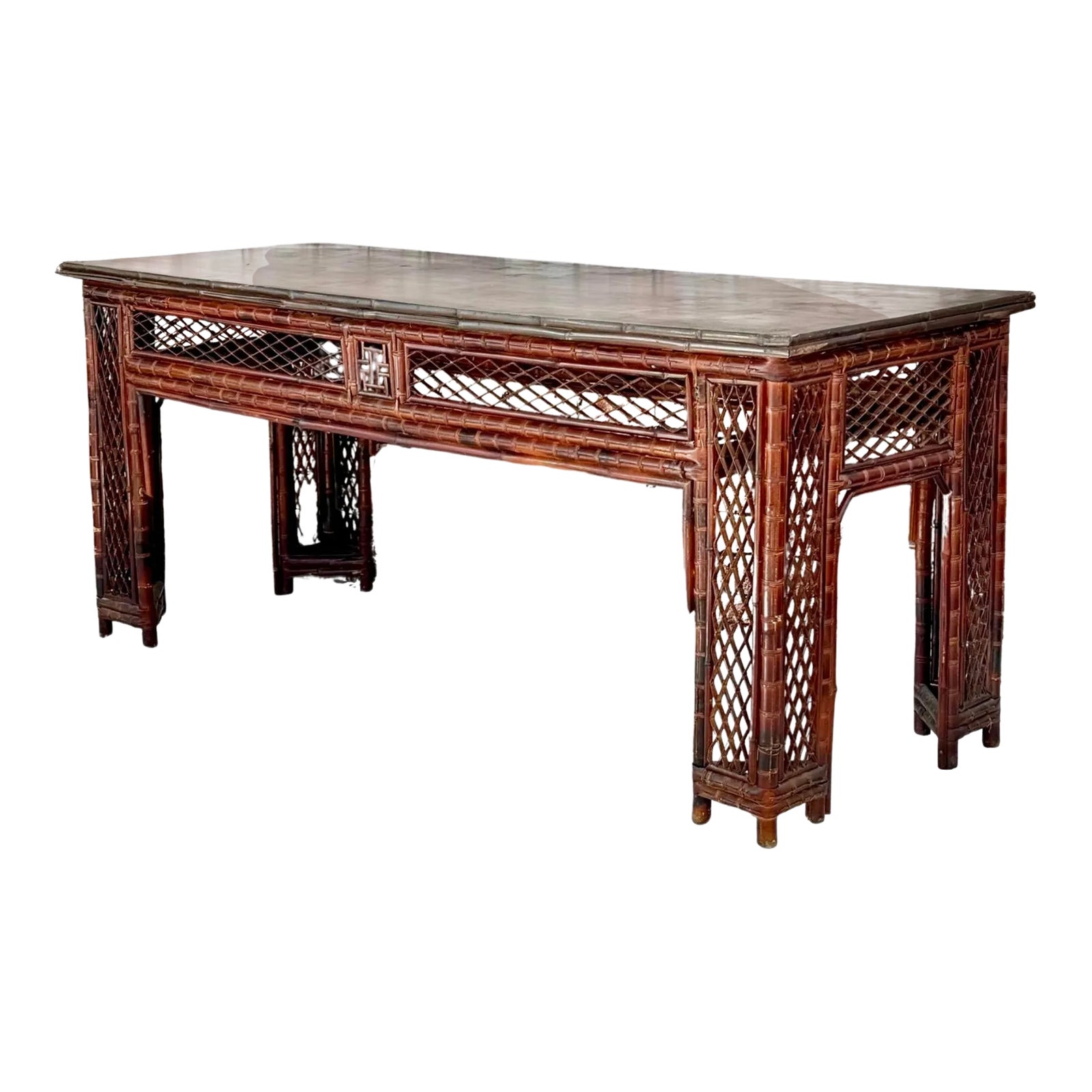 Chinese Export Bamboo Fretwork Library Table | Chairish