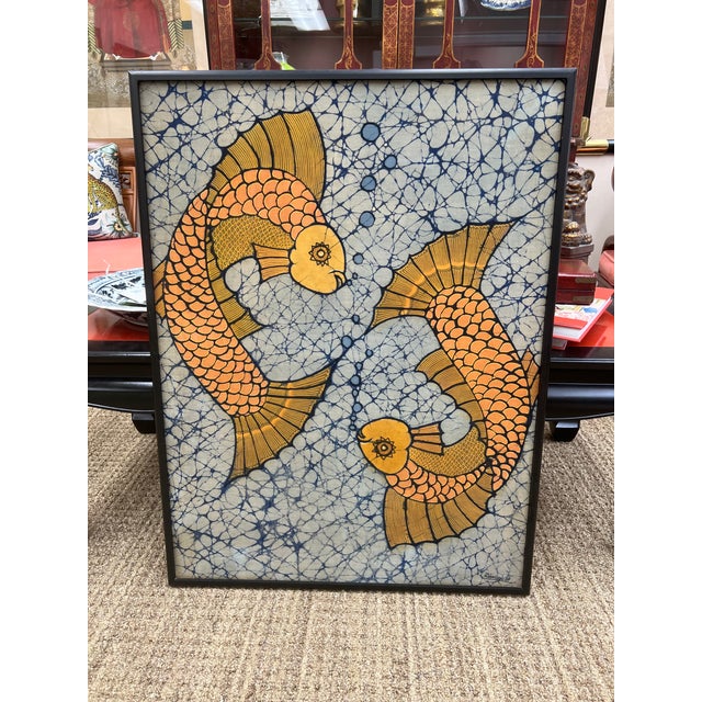 Vintage Indonesian Koi Fish Batik Fabric Art in Frame | Chairish