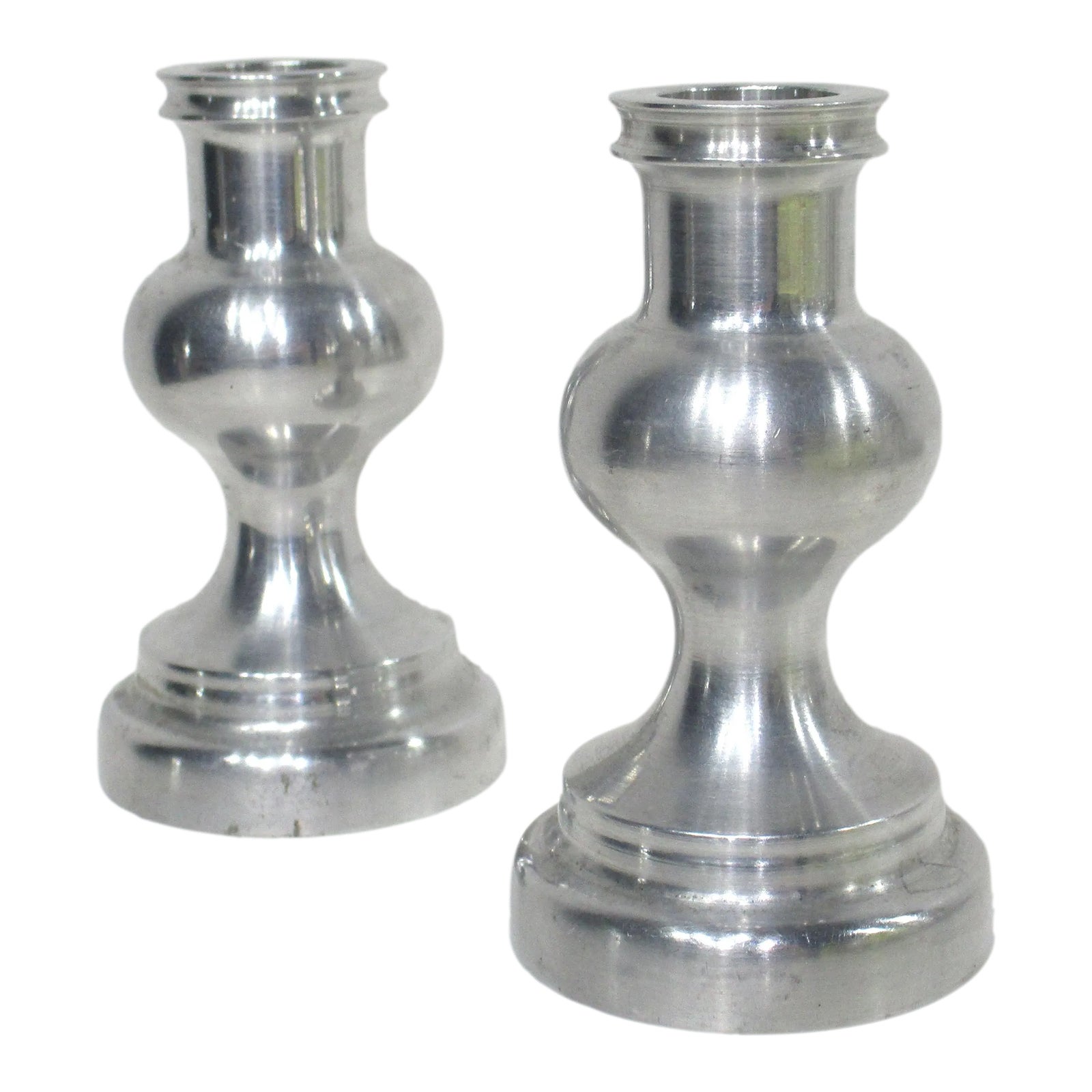 Pair Mid Century Turned Aluminum Candlesticks | Chairish