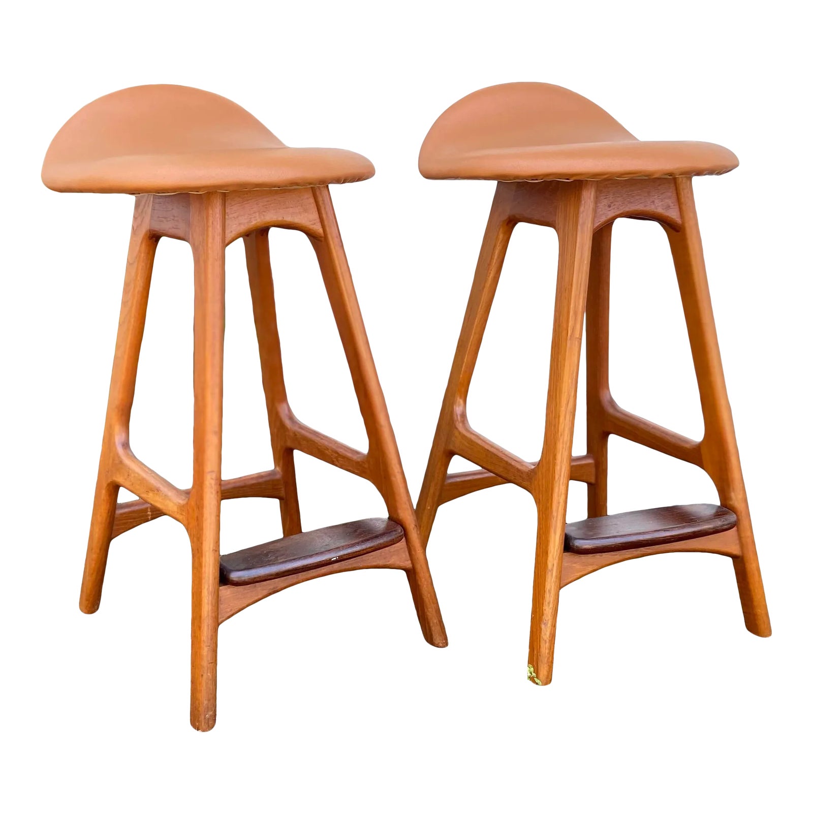 Mid-Century Modern Erik Buch Cognac Leather Stools - a Pair | Chairish