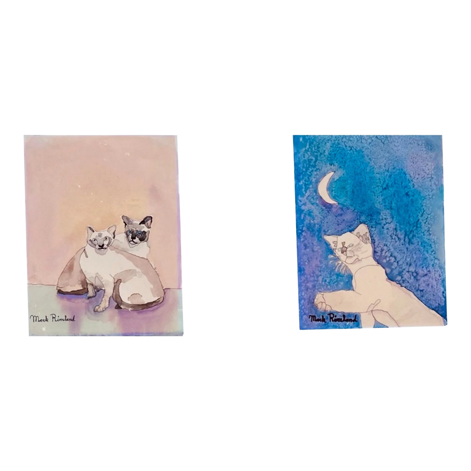 Original Watercolor Cat Paintings by Mark Rimland, Signed, Set/2 | Chairish