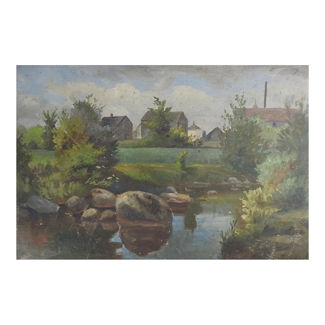 Vintage Early 20th Century European Farm Landscape Painting | Chairish