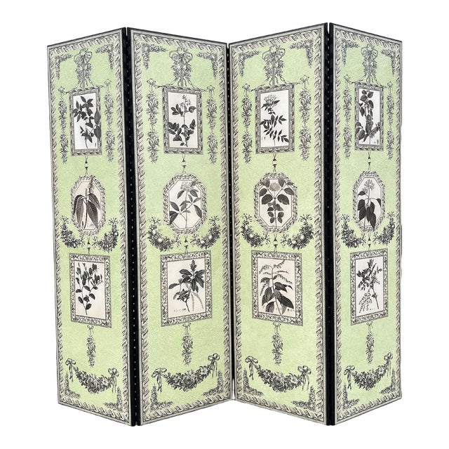 Vintage Floral Botanical Hand-Painted Four Panel Screen | Chairish