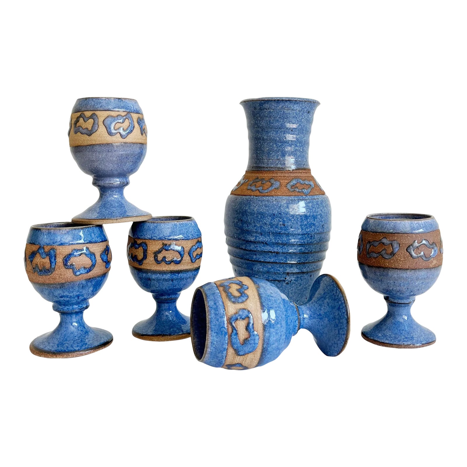 Mid-Century Pottery Decanter and Five Goblets- 6 Pieces | Chairish