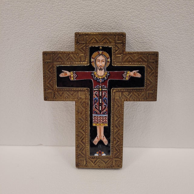 Fire-Enamelled Crucified Christ Icon in Brass and Wood Cross, 1980s | Chairish