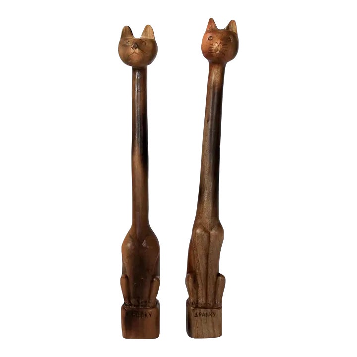 Pair of Mid-Century Carved Long Neck Cat Figurines | Chairish