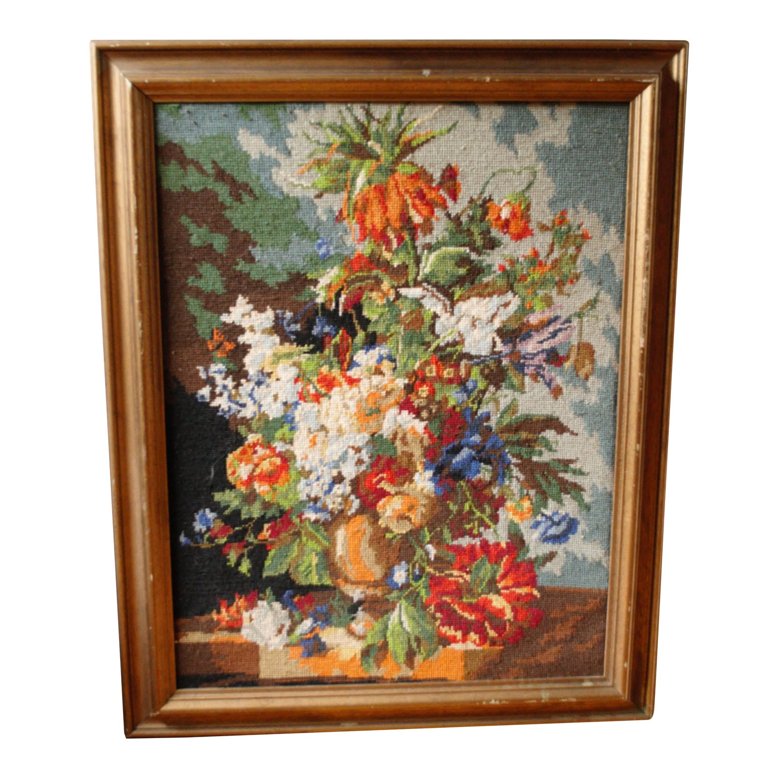 1960s Vintage Framed Needlepoint Textile Art | Chairish