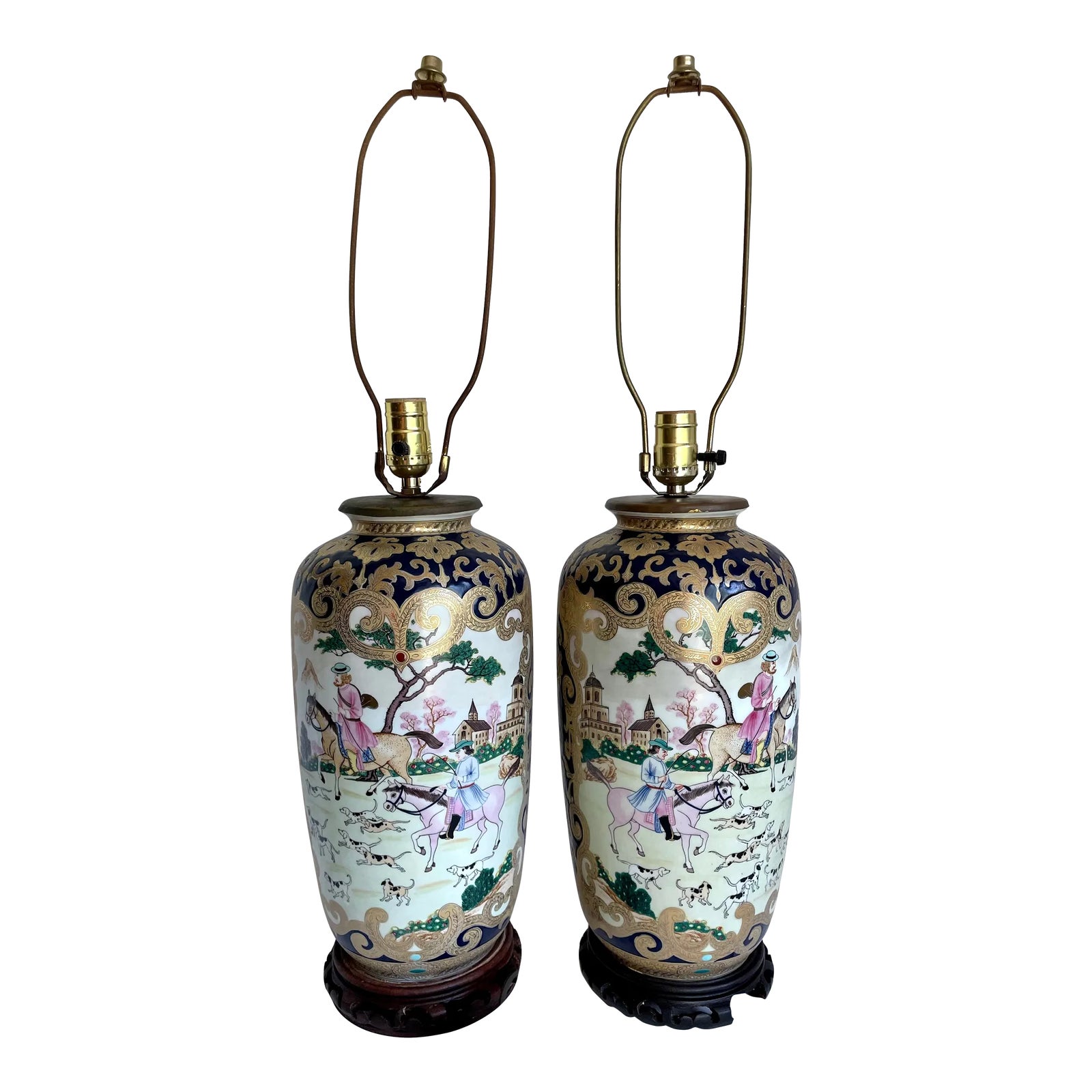 Pair of Asian Export European Hunting Scene Jar Vase Lamps | Chairish