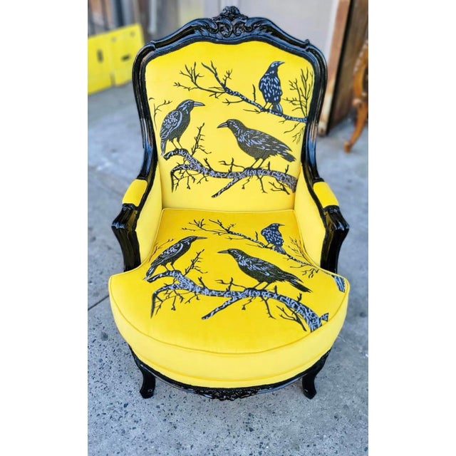 Gothic Raven Crow Yellow Velvet and Embroidery Armchair | Chairish