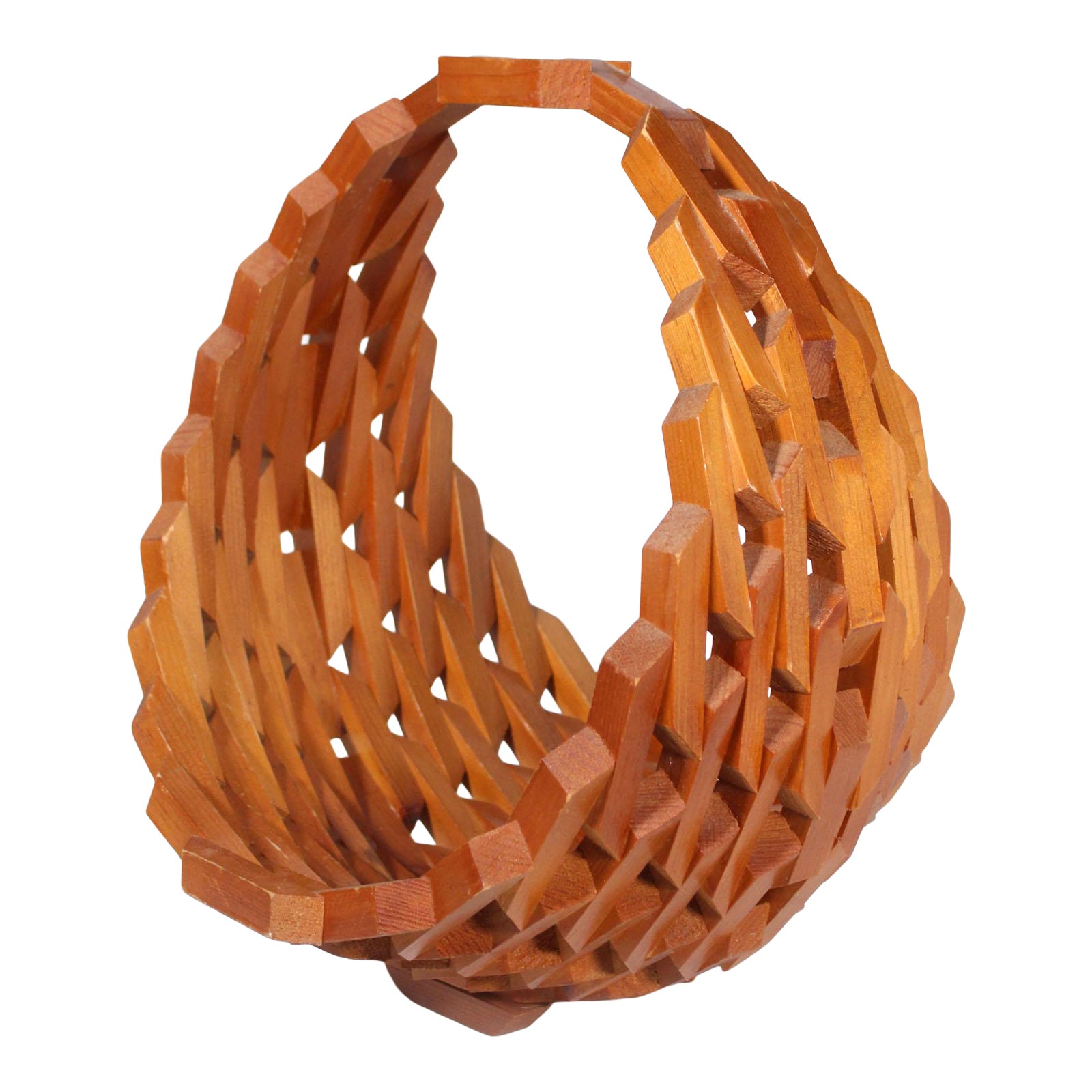 1970's Handmade Abstract Geometric Wood Basket | Chairish
