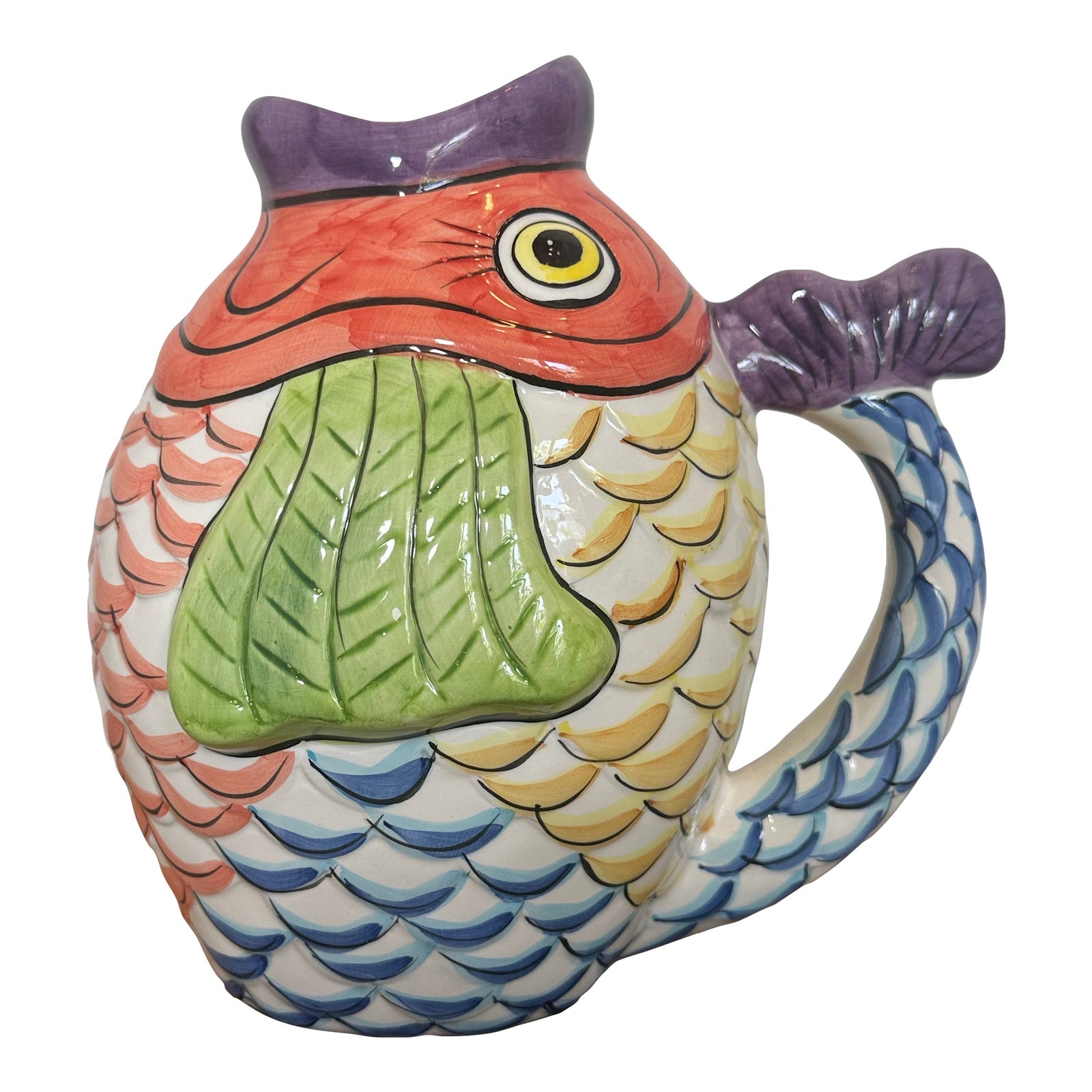Vintage Wcl Vintage Multi Color Koi Fish Ceramic Pitcher | Chairish
