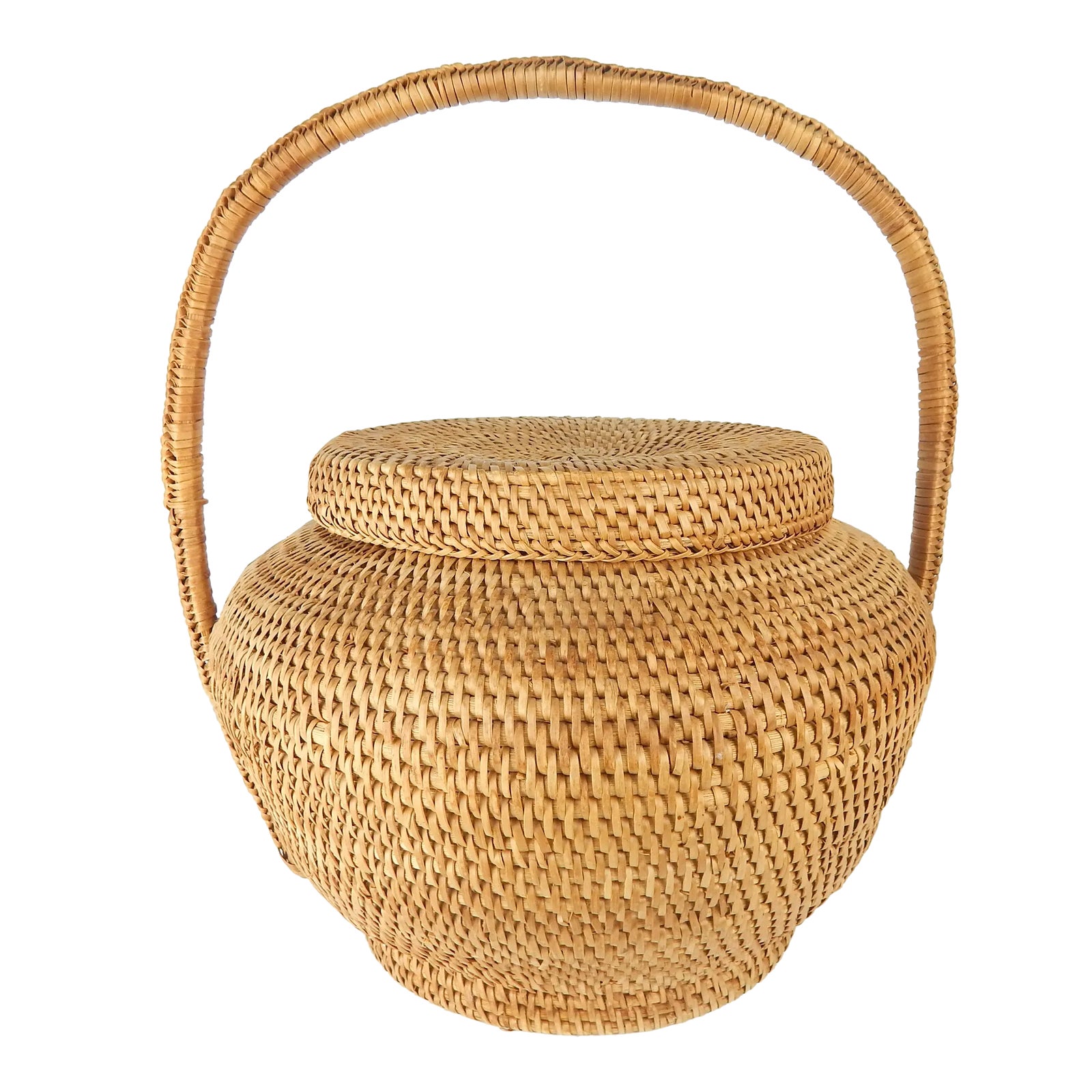 Large Hand-Woven Vintage Basket With Handle and Lid | Chairish