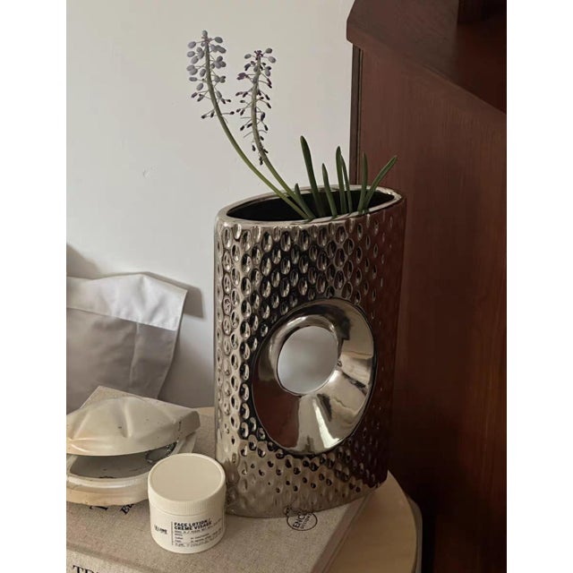 Silver Droplet Textured Hollow Ceramic Vase | Chairish