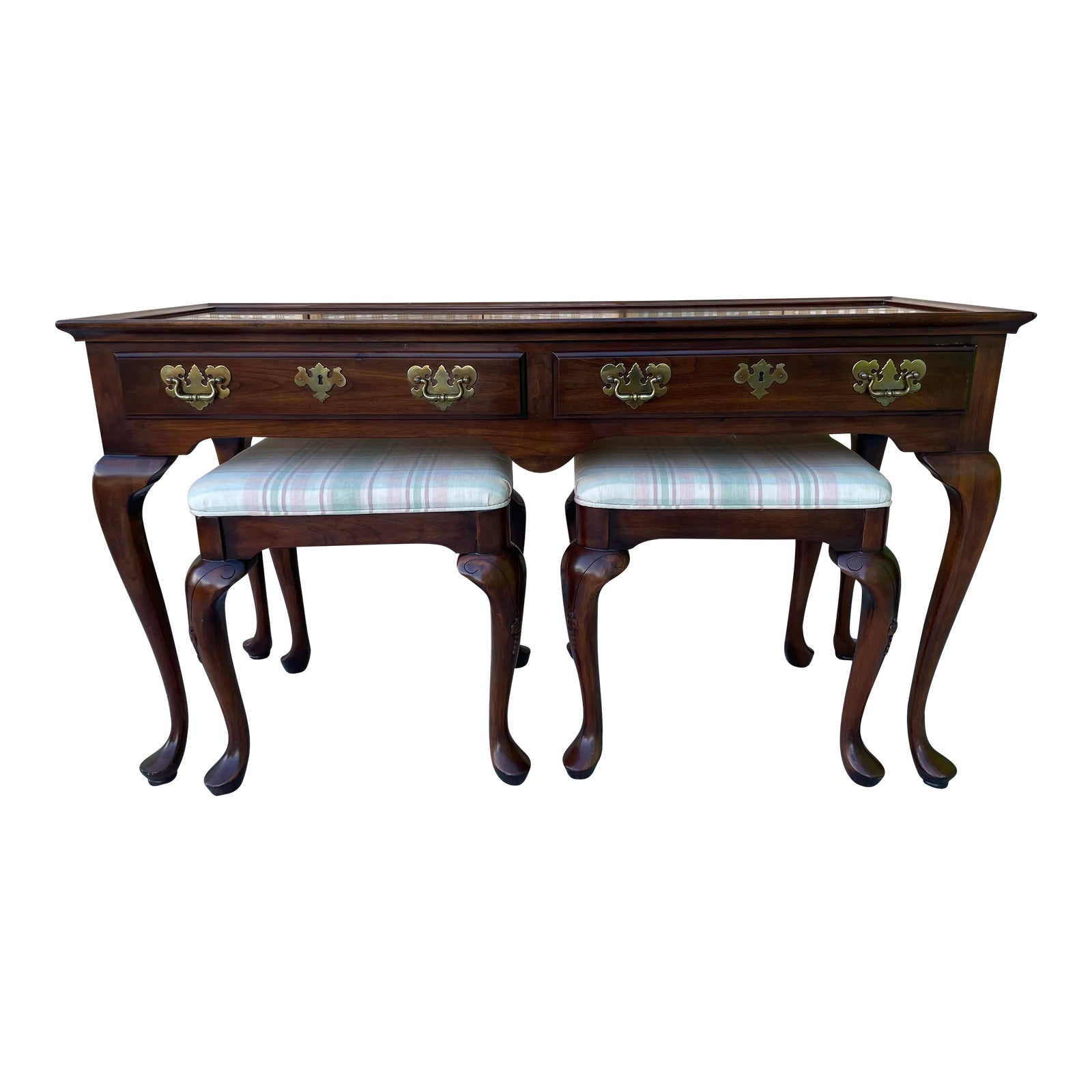 1980s Vintage Queen Anne Style Console Table With Stools - Set of 3 ...