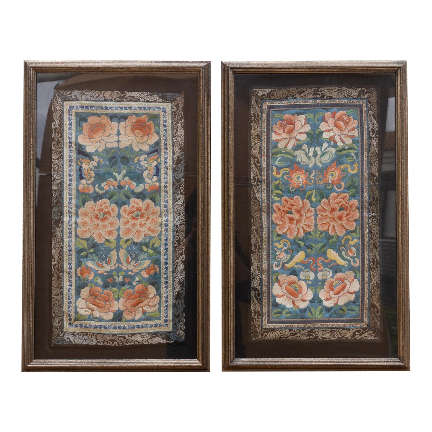 Set of 2, Framed Traditional Floral Silk Panels "Wealth & Longevity ...