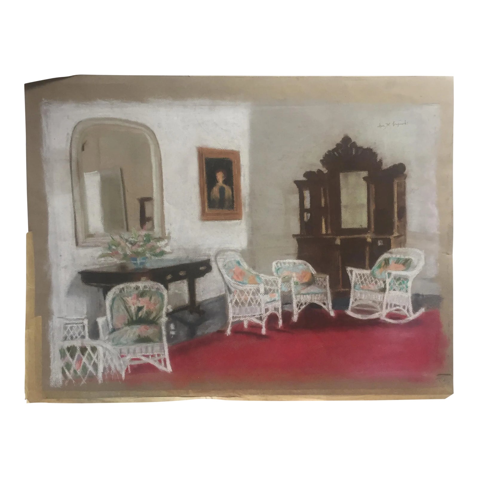 Vintage Original Impressionist Pastel Interior | Chairish