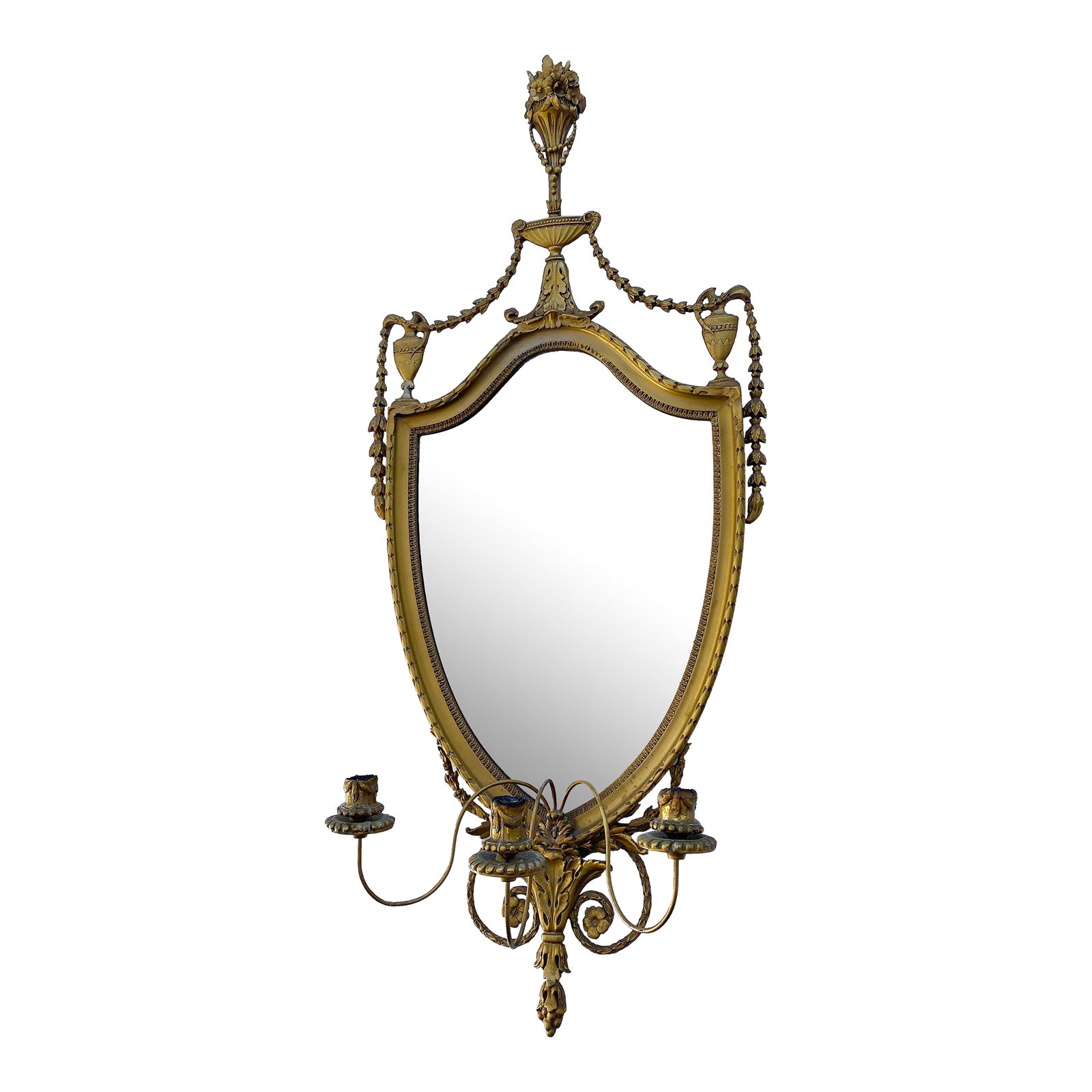 19th Century Edwardian Carved and Gilt Wood Beveled Shield Mirror With ...