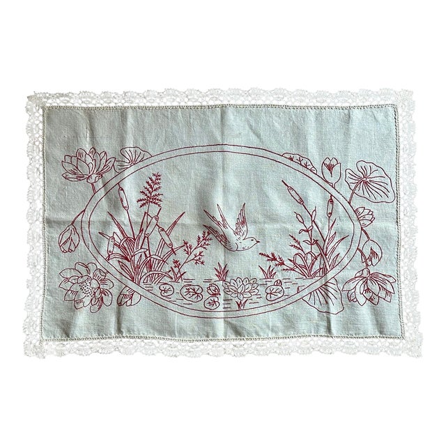 Antique Red Work Embroidery Panel | Chairish