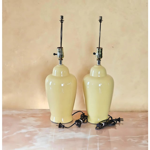 2000s Mid-Century Modern Style Yellow Ceramic Table Lamps With ...