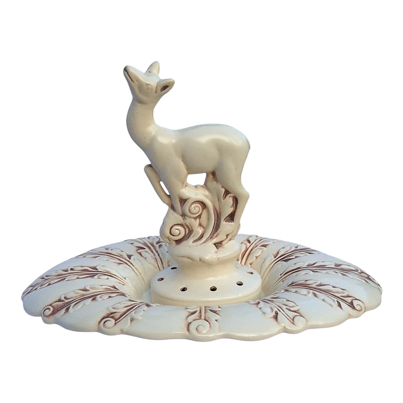 Antique Red Wing Pottery Deer Motif Centerpiece Floral Frog | Chairish