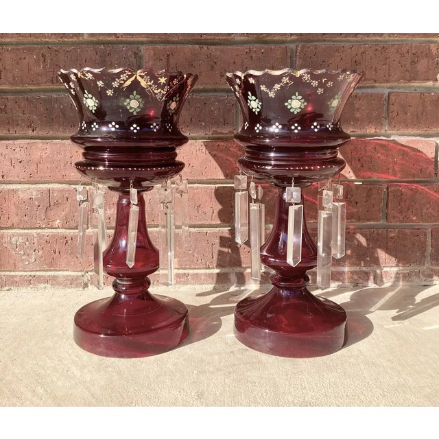 Late 19th-Century Pair of Antique Victorian Bohemian Ruby Red Glass Candle Mantle Lustres | Chairish