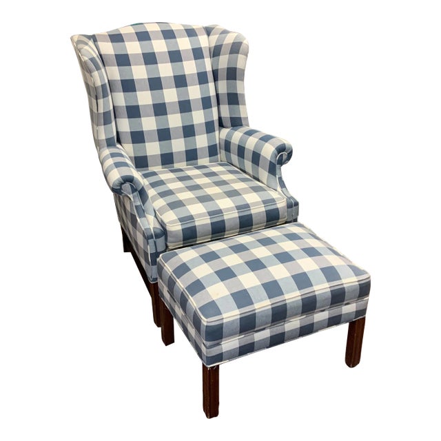 Late 20th Century Blue Check Upholstered Wingback Chair With Ottoman ...