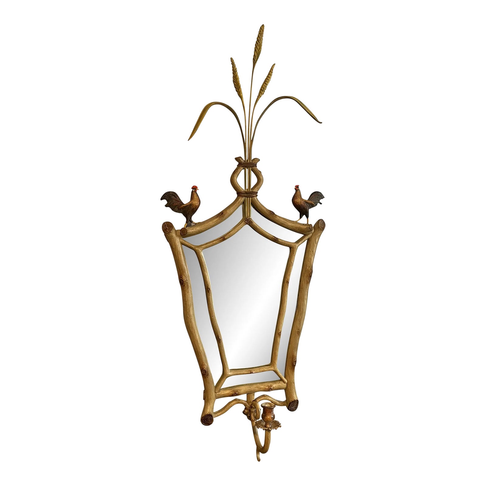 Wall Mirror With Roosters on Faux Twig Frame & One Candle Arm | Chairish
