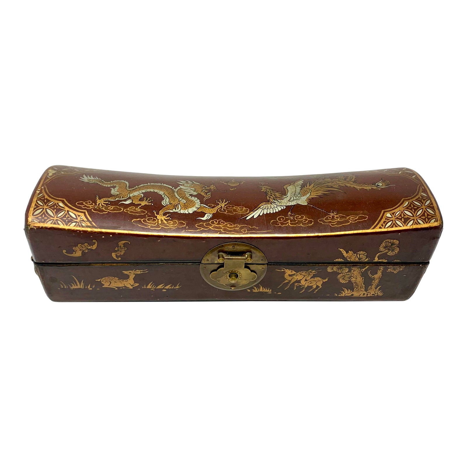 Antique Chinese Hand-Painted Leather Pillow Box | Chairish