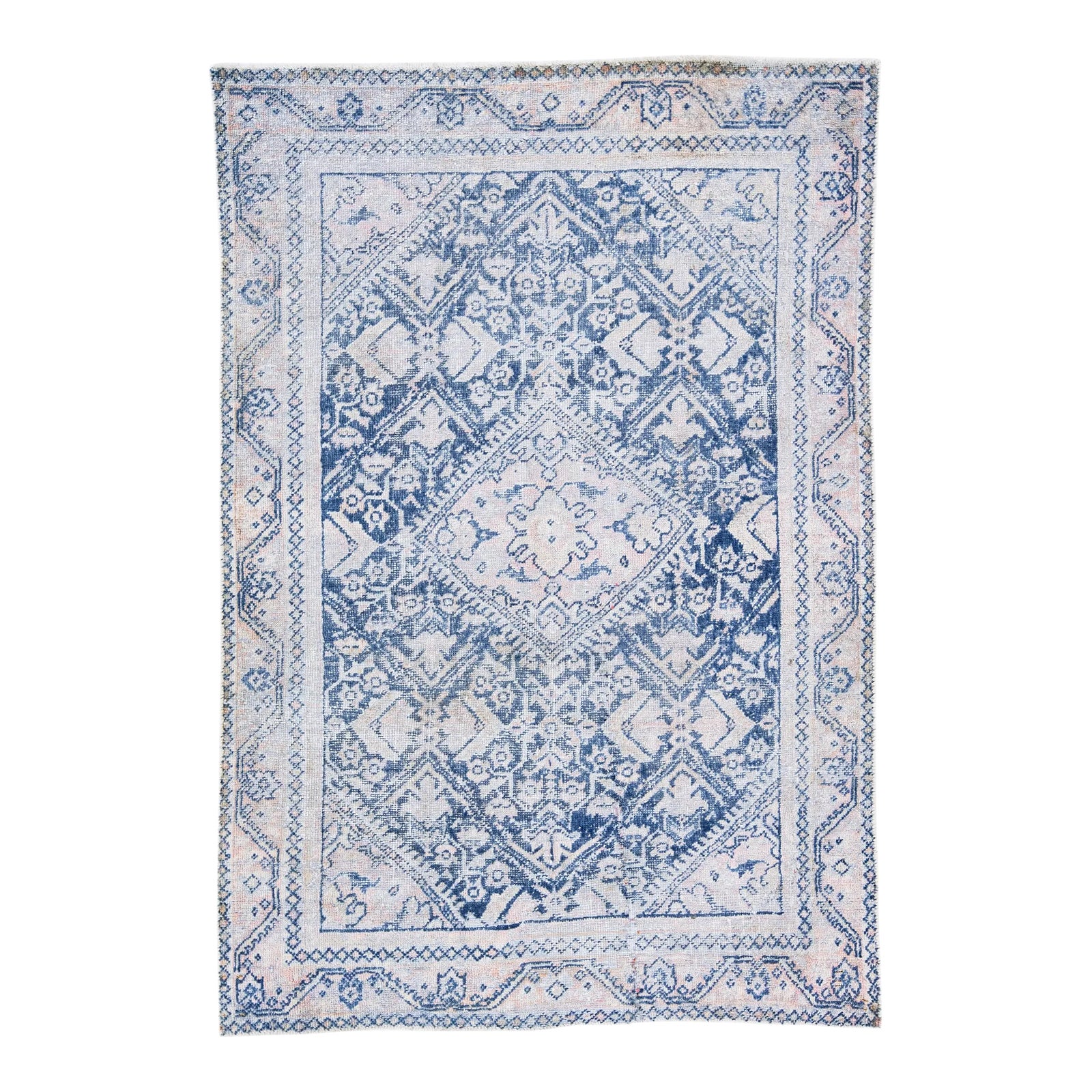 1960s Vintage Mahal Shabby Chic Handmade Medallion Navy Blue Wool Rug ...