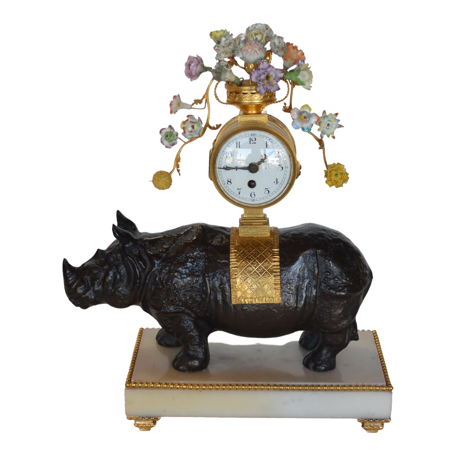 French Late 19th Century Gilt Bronze and Dark Patina Rhino Clock With ...