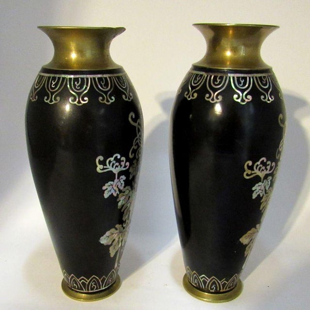 Vintage Korean Brass Bullet Casing Vase With Black Lacquer Mop Overlay ...
