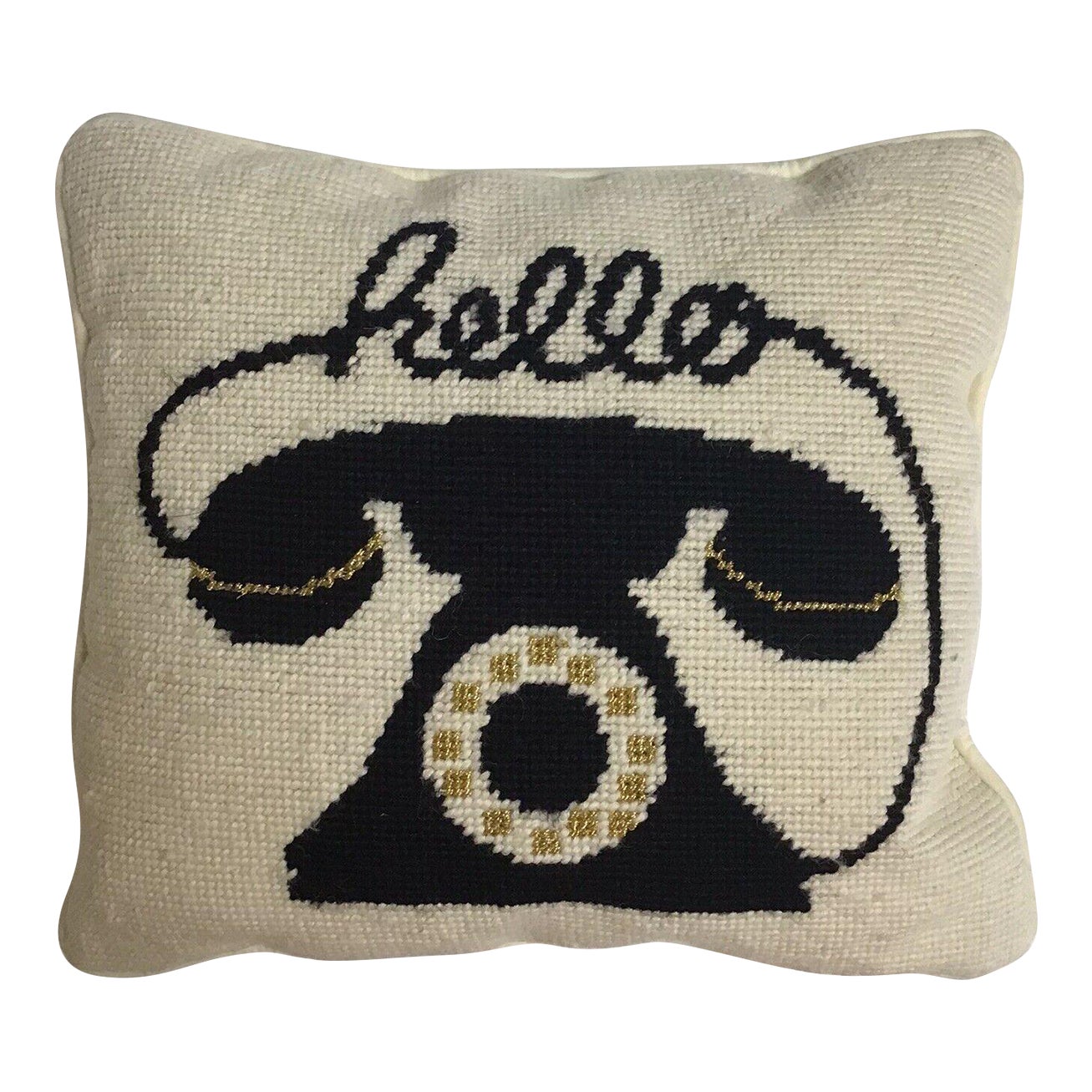 Vintage Retro Telephone "Hello" Wool Needlepoint Pillow | Chairish