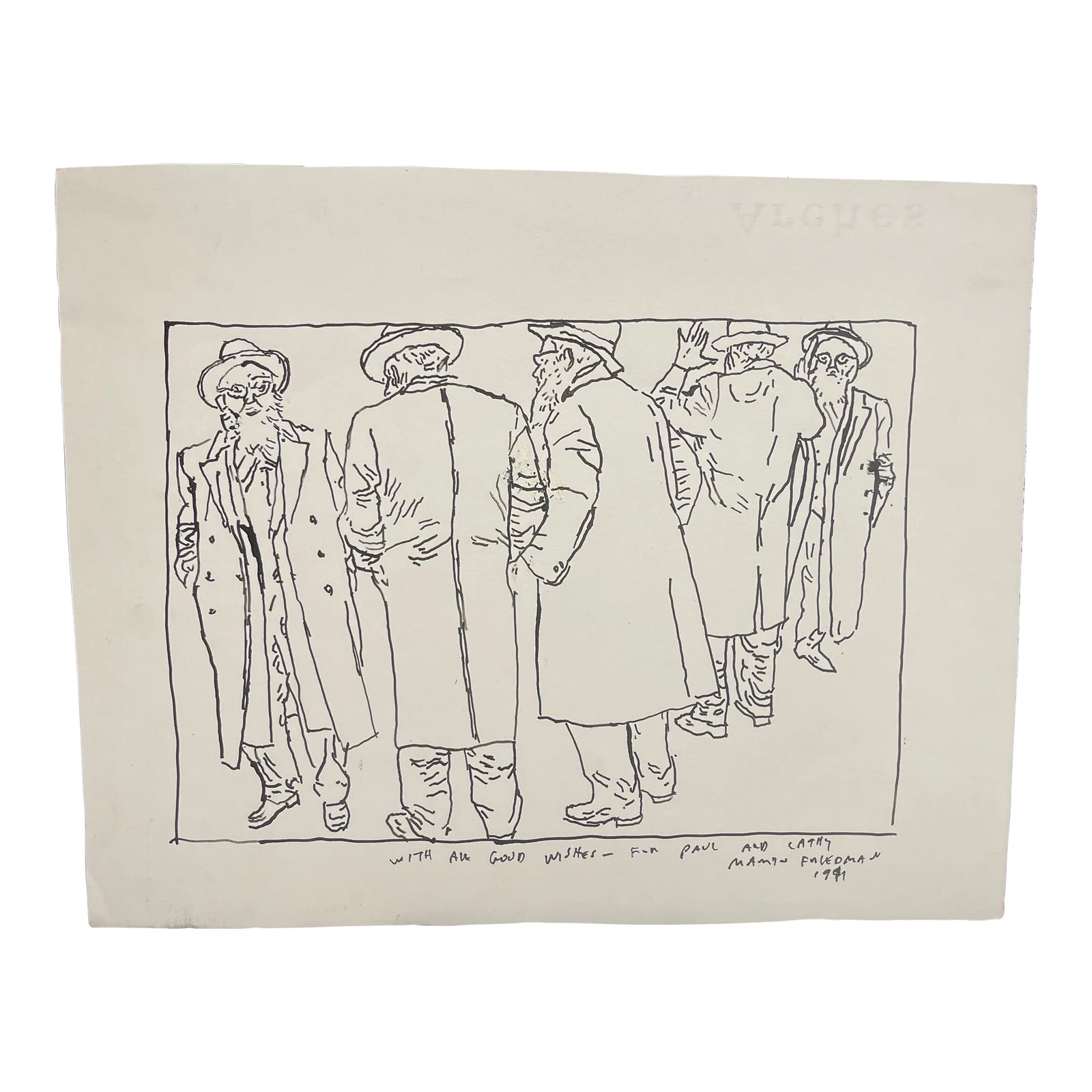 1990's, Pen & Ink Drawing, 'Men Gathering', by Marvin Friedman, 1991 ...