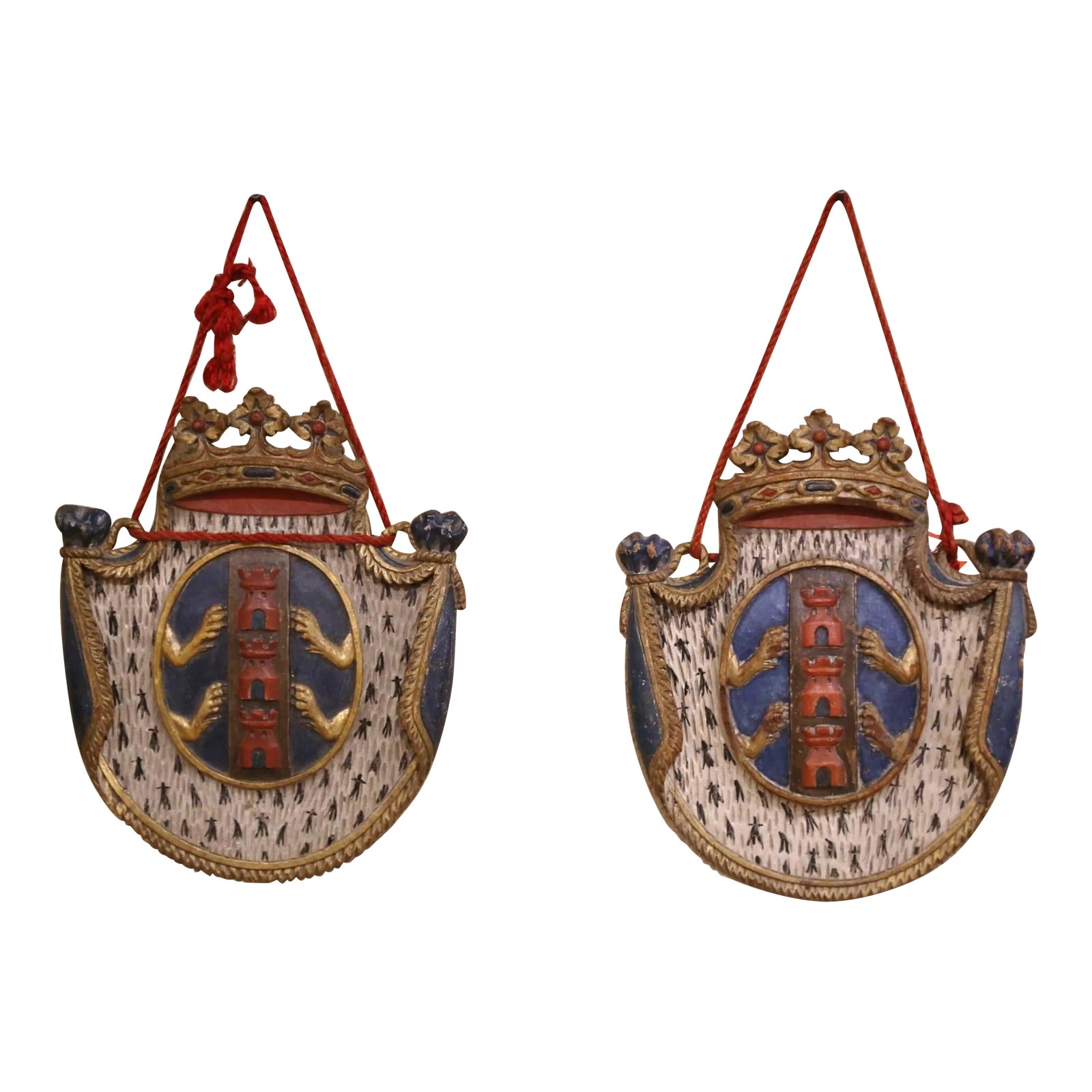 Pair of 19th Century French Carved and Painted Wall Hanging Heraldic ...