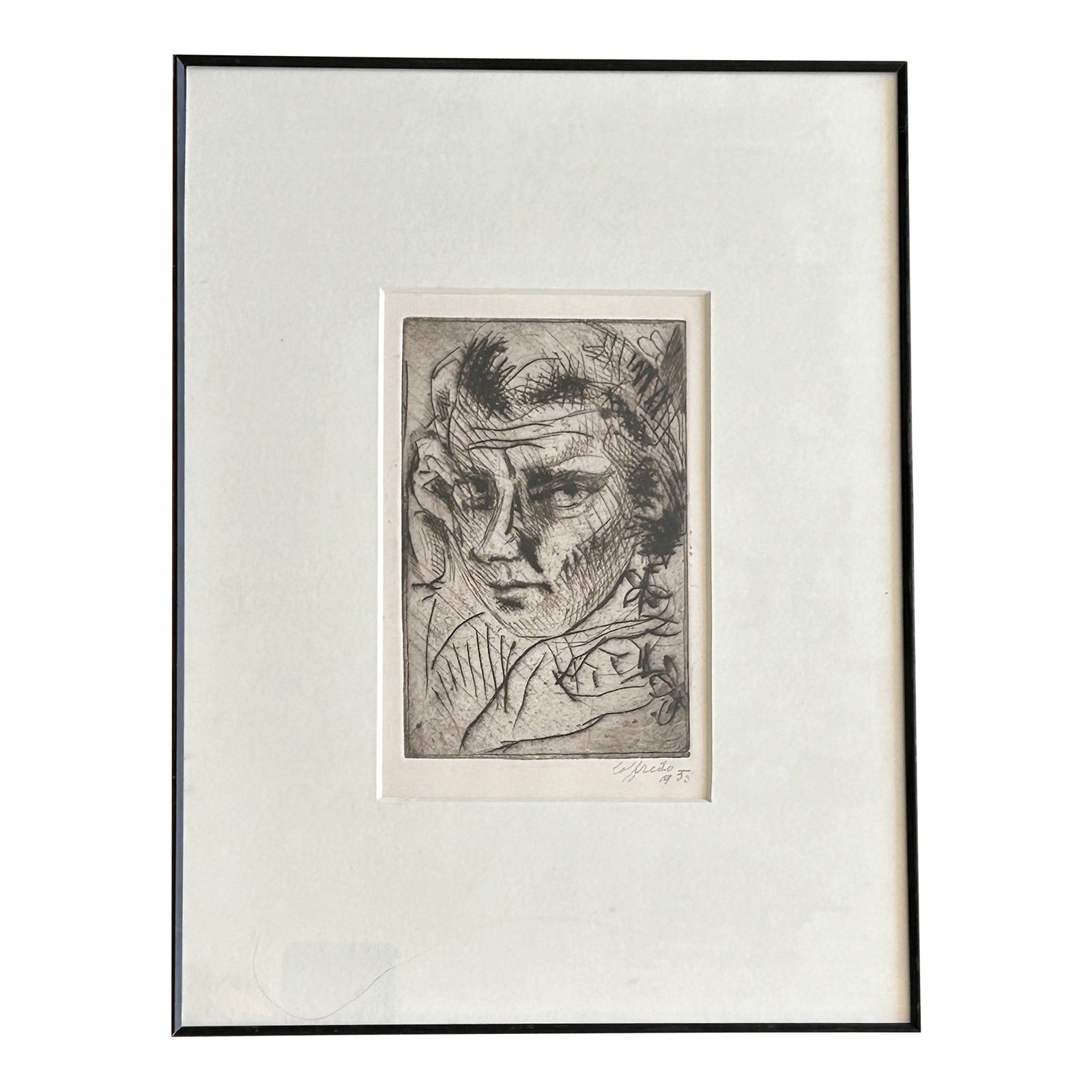 Vintage 1950s Print Abstract Face Etching Signed | Chairish