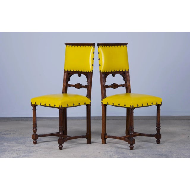 Antique French Henry II Style Walnut Dining Chairs W/ Yellow Vinyl ...