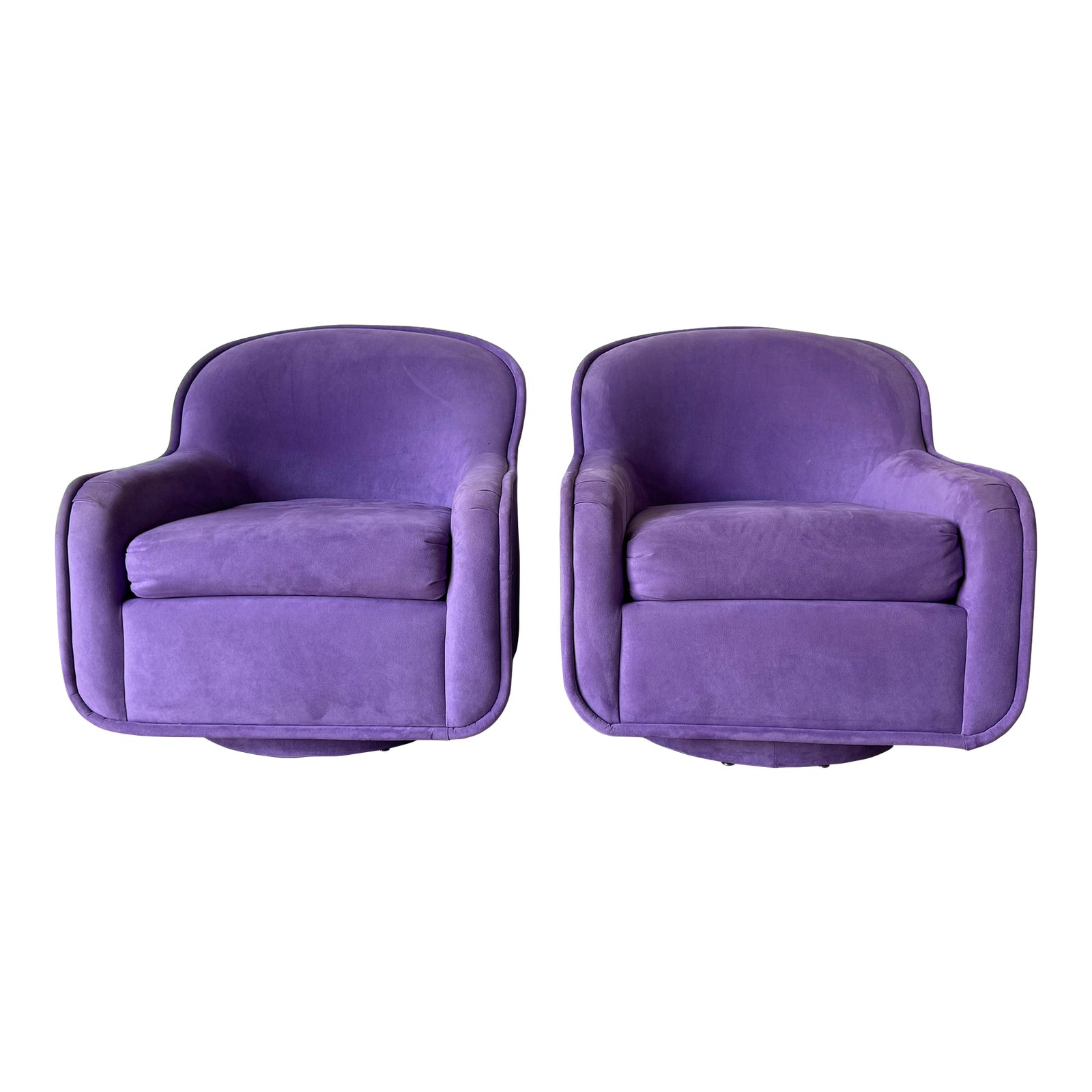 Post-Modern Purple Upholstered Swivel Lounge Chairs - a Pair | Chairish