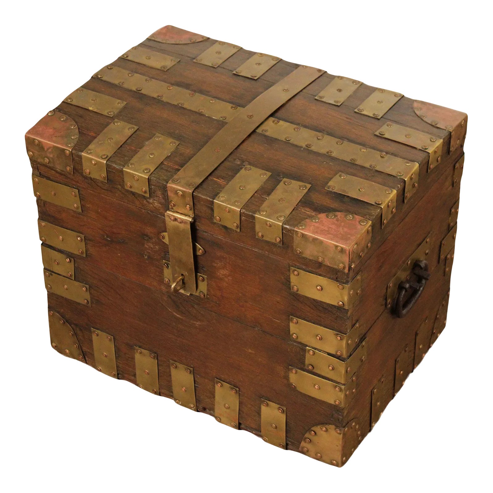 Antique Campaign Style Brass Strapped Trunk Chest | Chairish