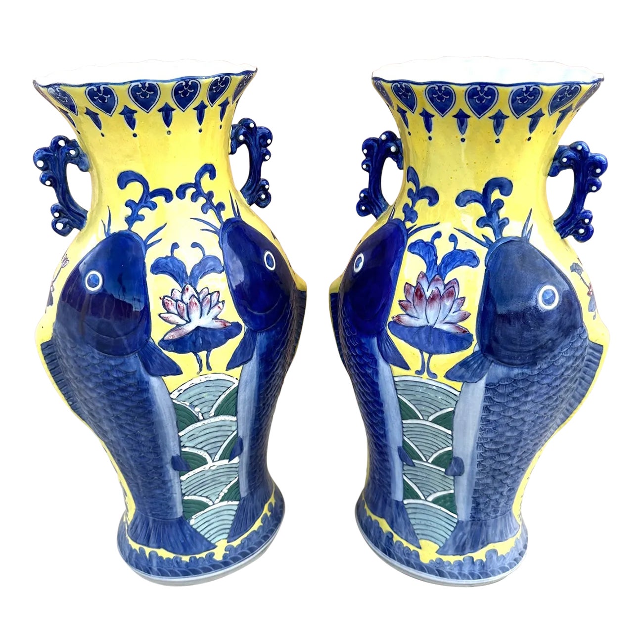 Blue & Yellow Koi Fish Jiaqing Vase-A Pair | Chairish