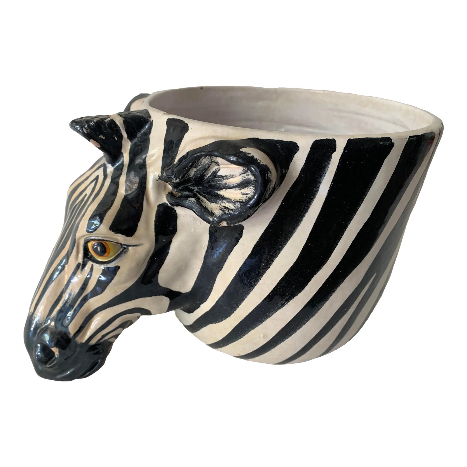 Mid 20th Century Majolica Zebra Head Planter | Chairish