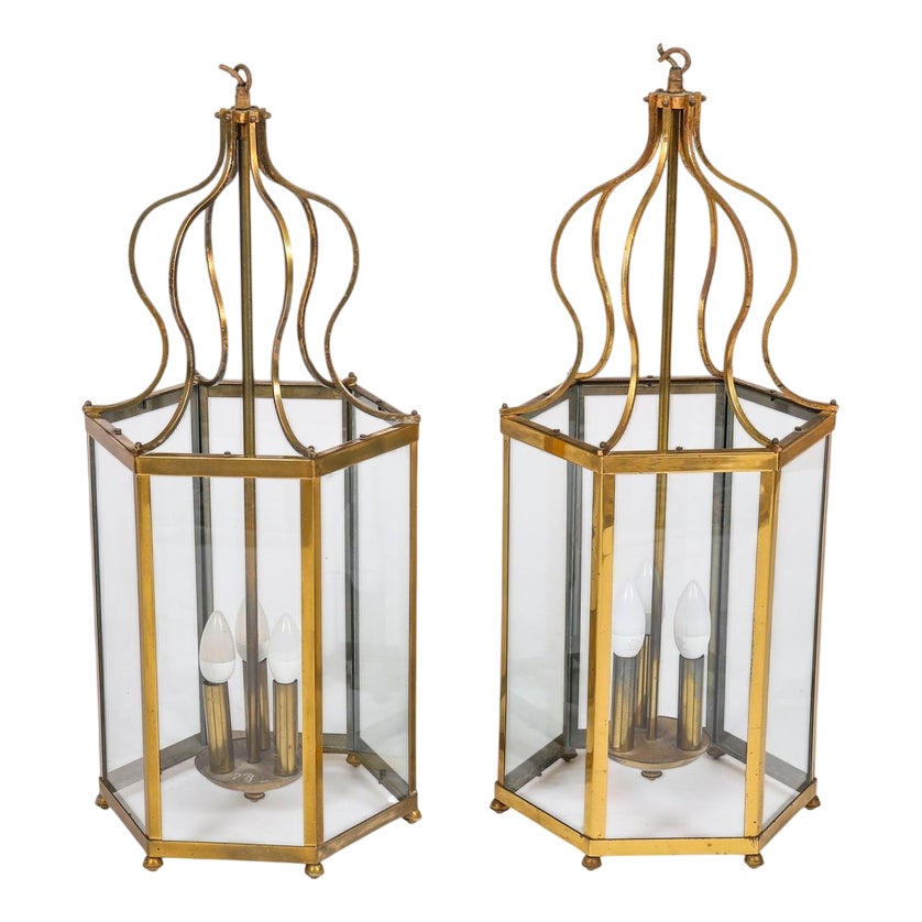 Antique French Brass Hexagonal Hall Three Light Lanterns, 1900s, Set of ...