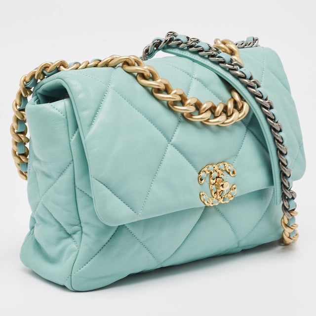 Chanel Light Blue Quilted Leather Large 19 Flap Bag | Chairish